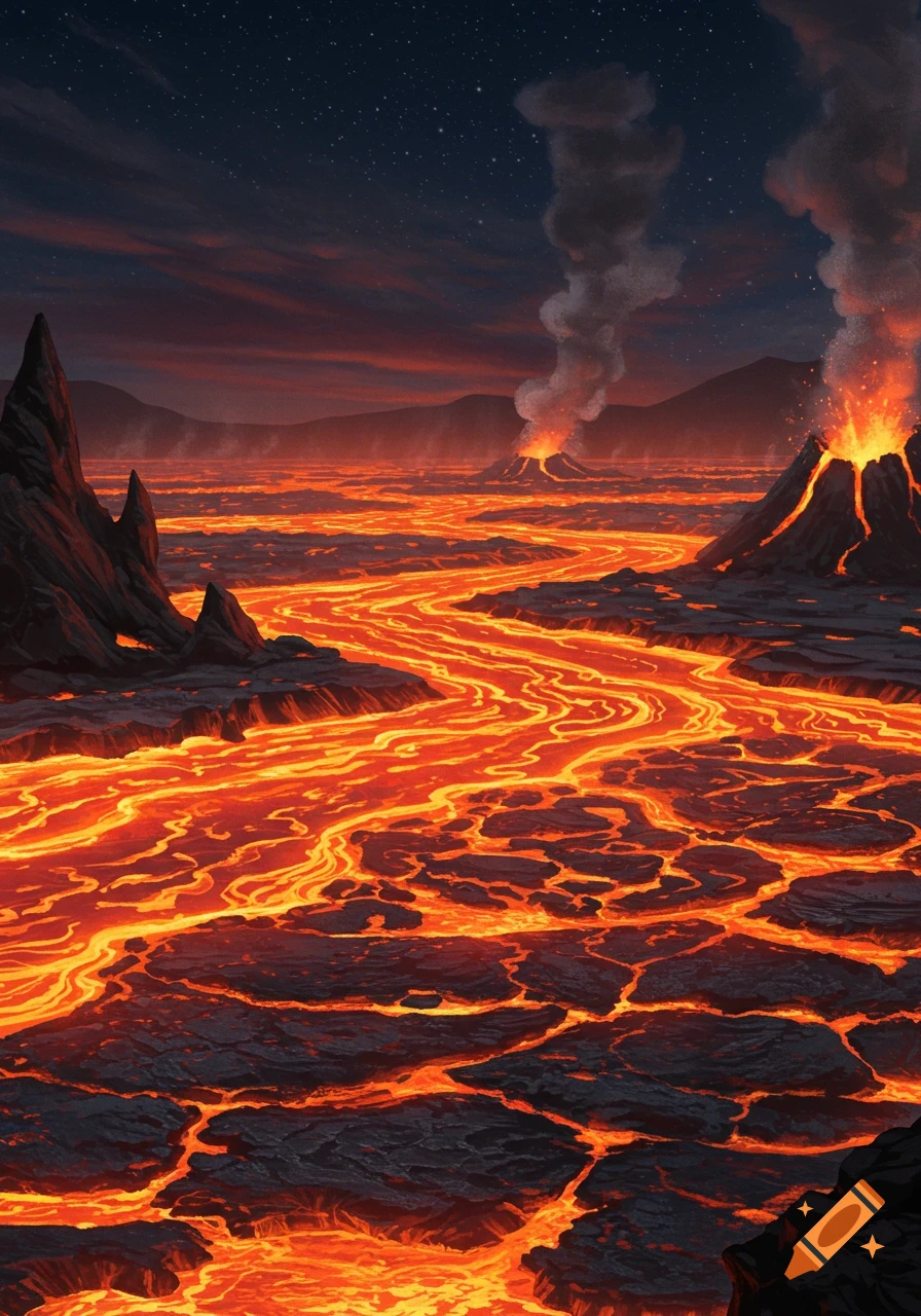 A dramatic landscape of cracked earth with glowing orange lava flowing ...