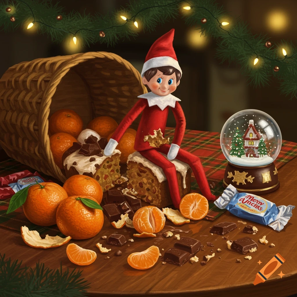 A cute cartoon gingerbread elf with green eyes and a red Santa hat ...