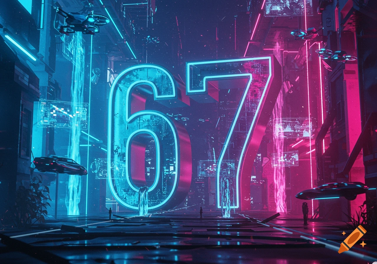 Large neon numbers '67' in a dark, futuristic cyberpunk city with ...
