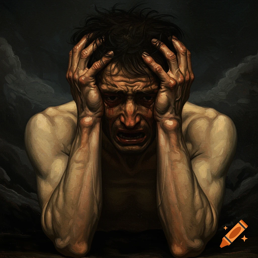 A painting of a man with disheveled dark hair, gripping his head with ...