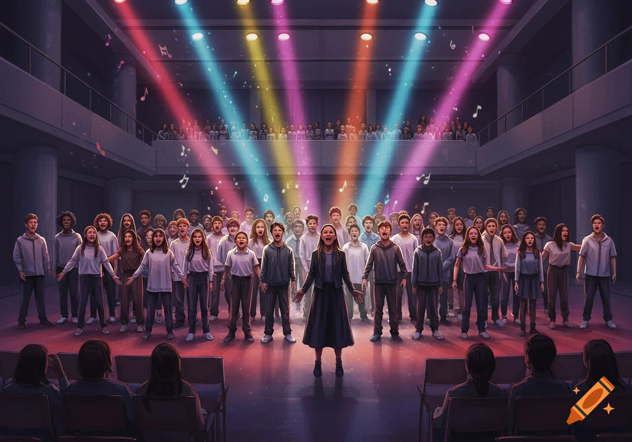 A speaker on a brightly lit stage addresses a large audience in a dark ...