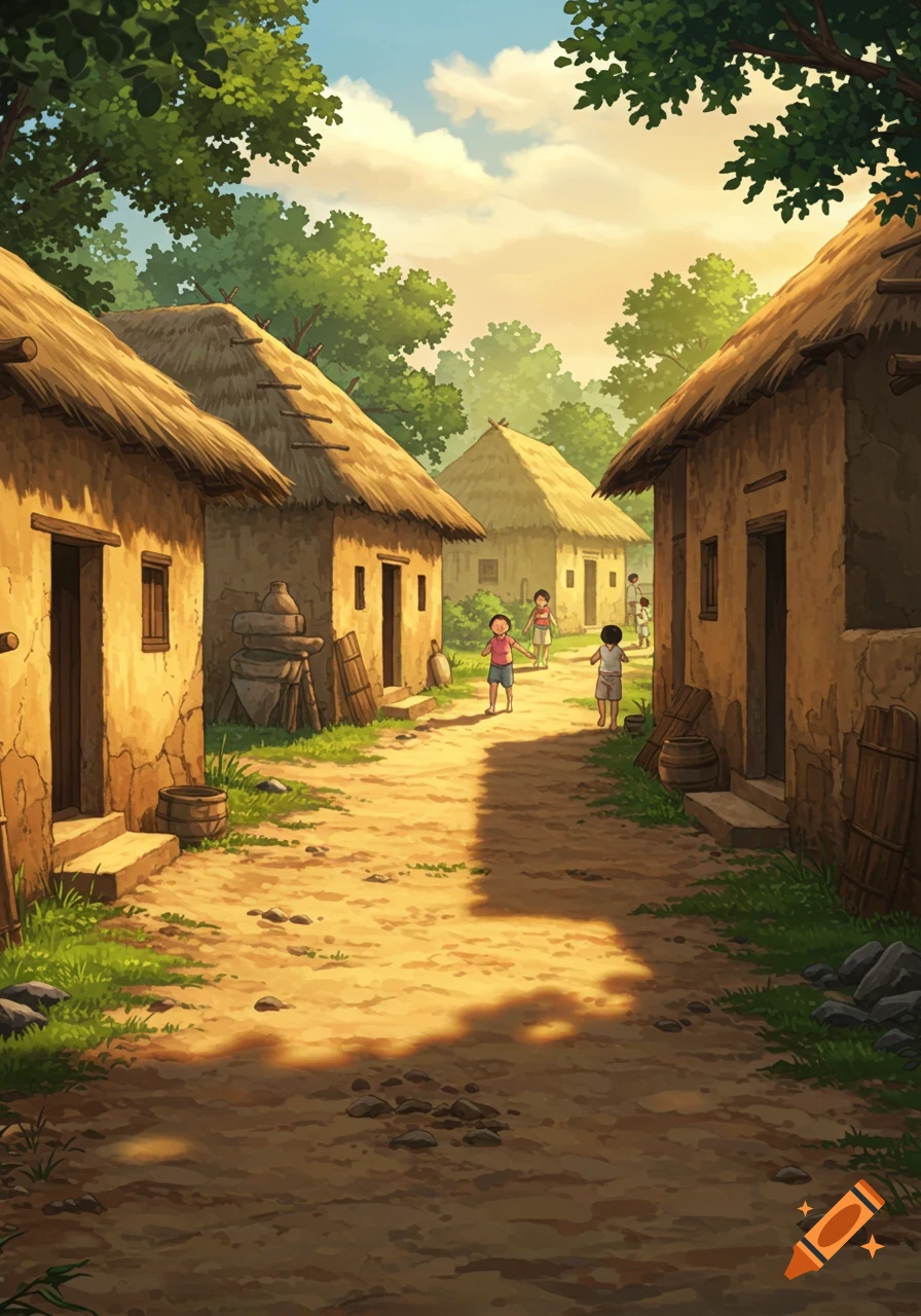Anime style image of children playing on a dusty road in a rural ...