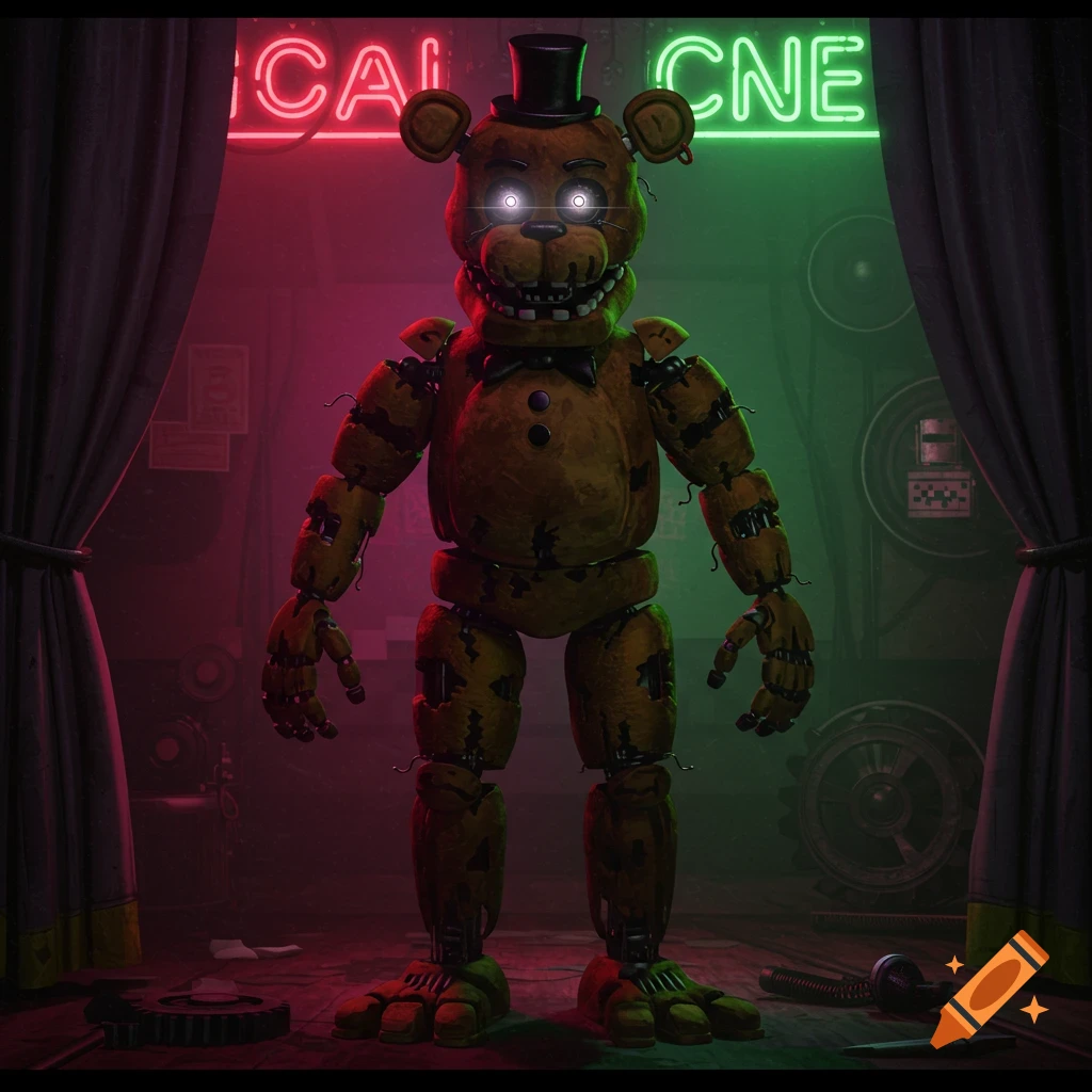 Worn-out Freddy Fazbear animatronic with glowing eyes stands on a dimly ...