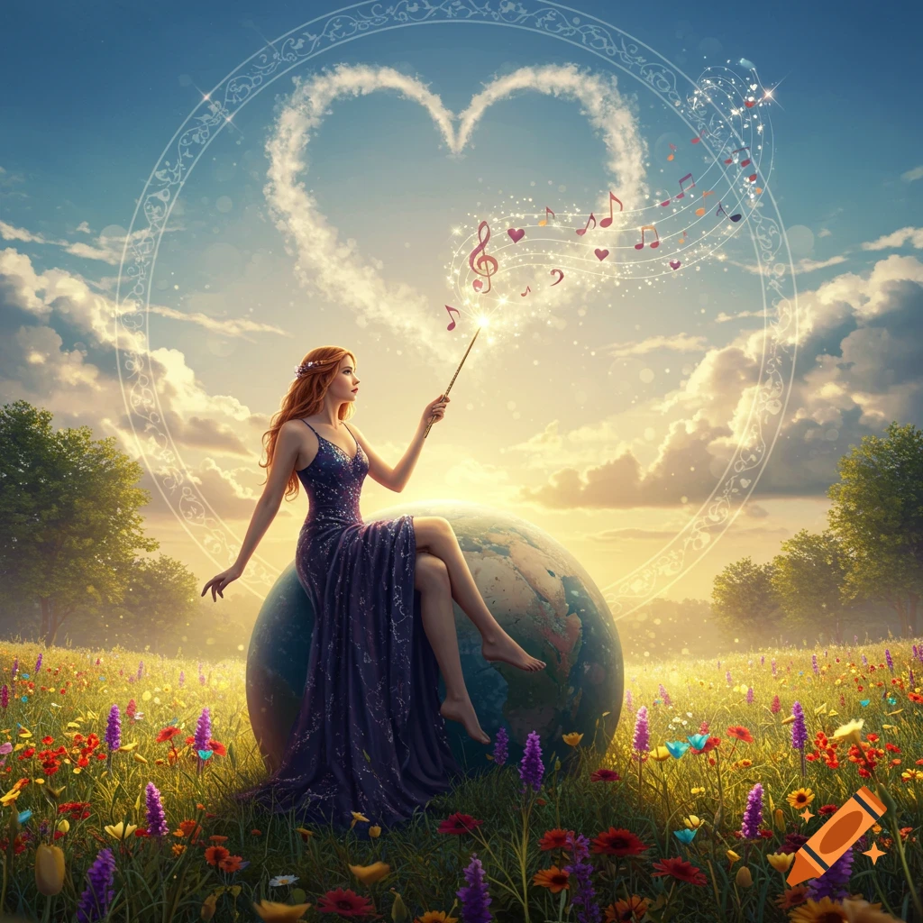 A woman in profile wears a tiered dress and a large hat made of piano ...