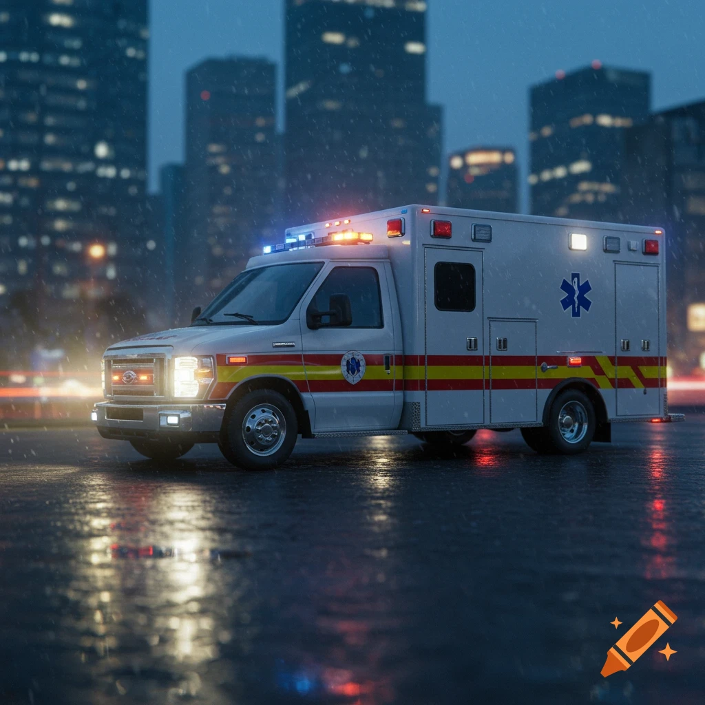 An ambulance with glowing neon text "EAT SLEEP PRACTICE REPEAT" on its ...