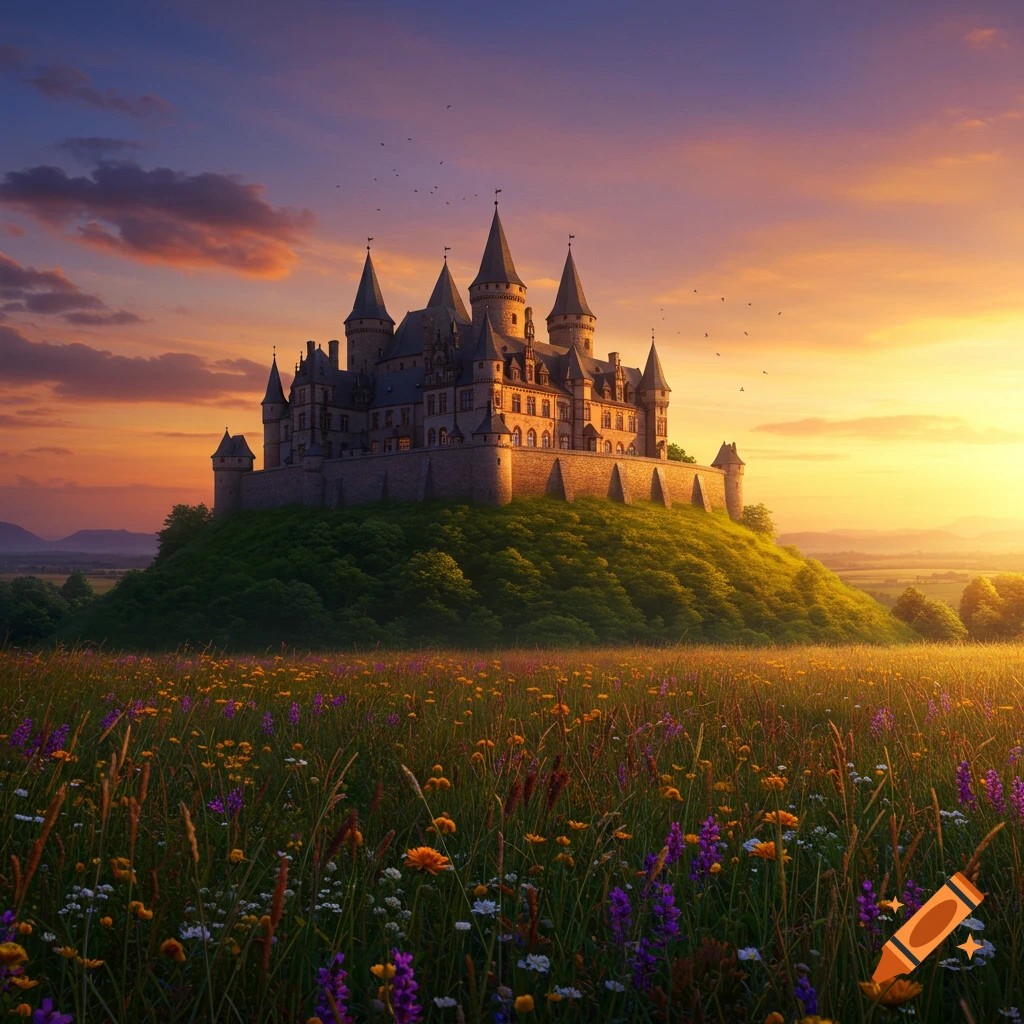 A grand grey stone castle with black-roofed towers on a green, flower ...