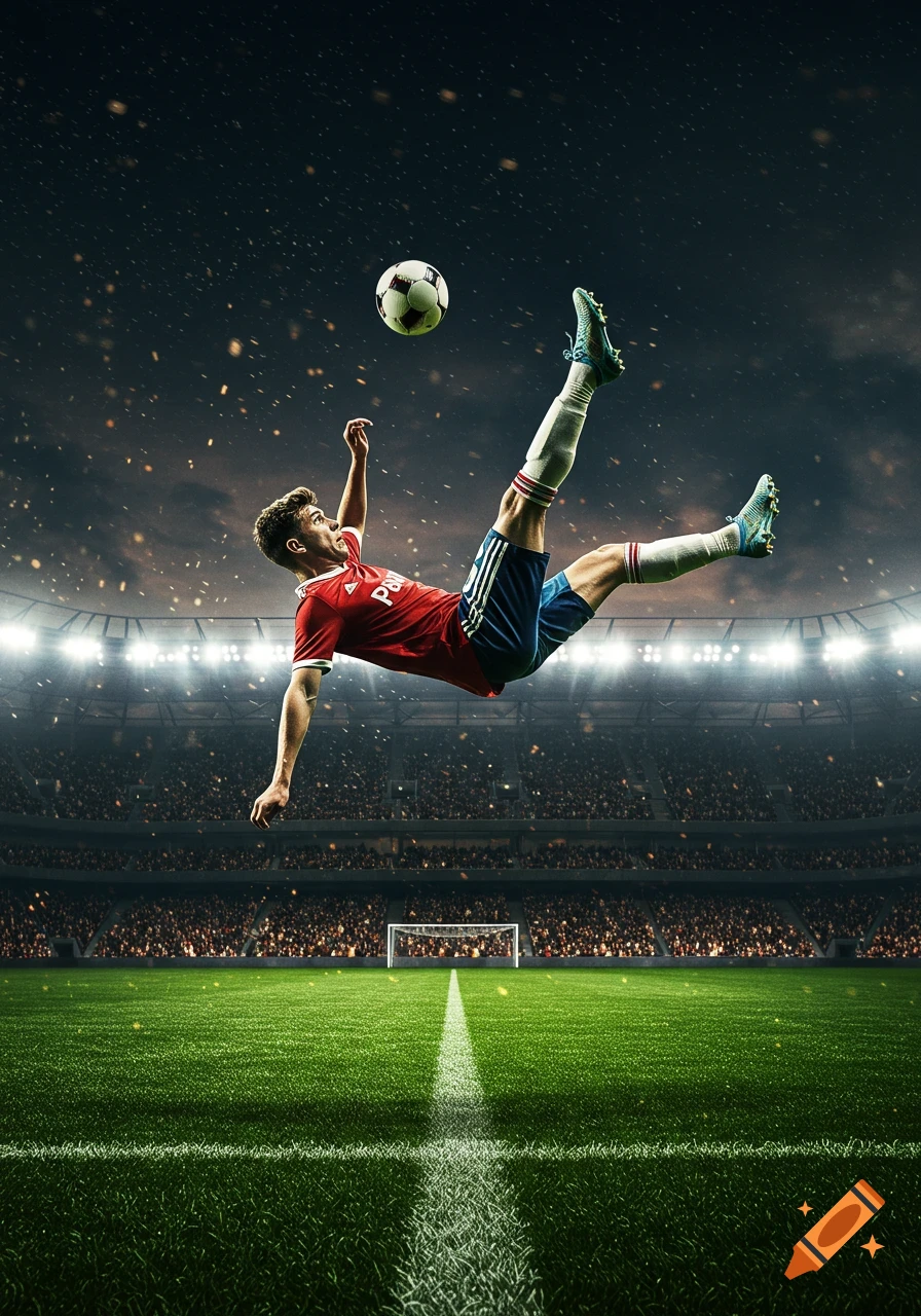 Photorealistic action shot of a soccer player's foot kicking a ball on ...