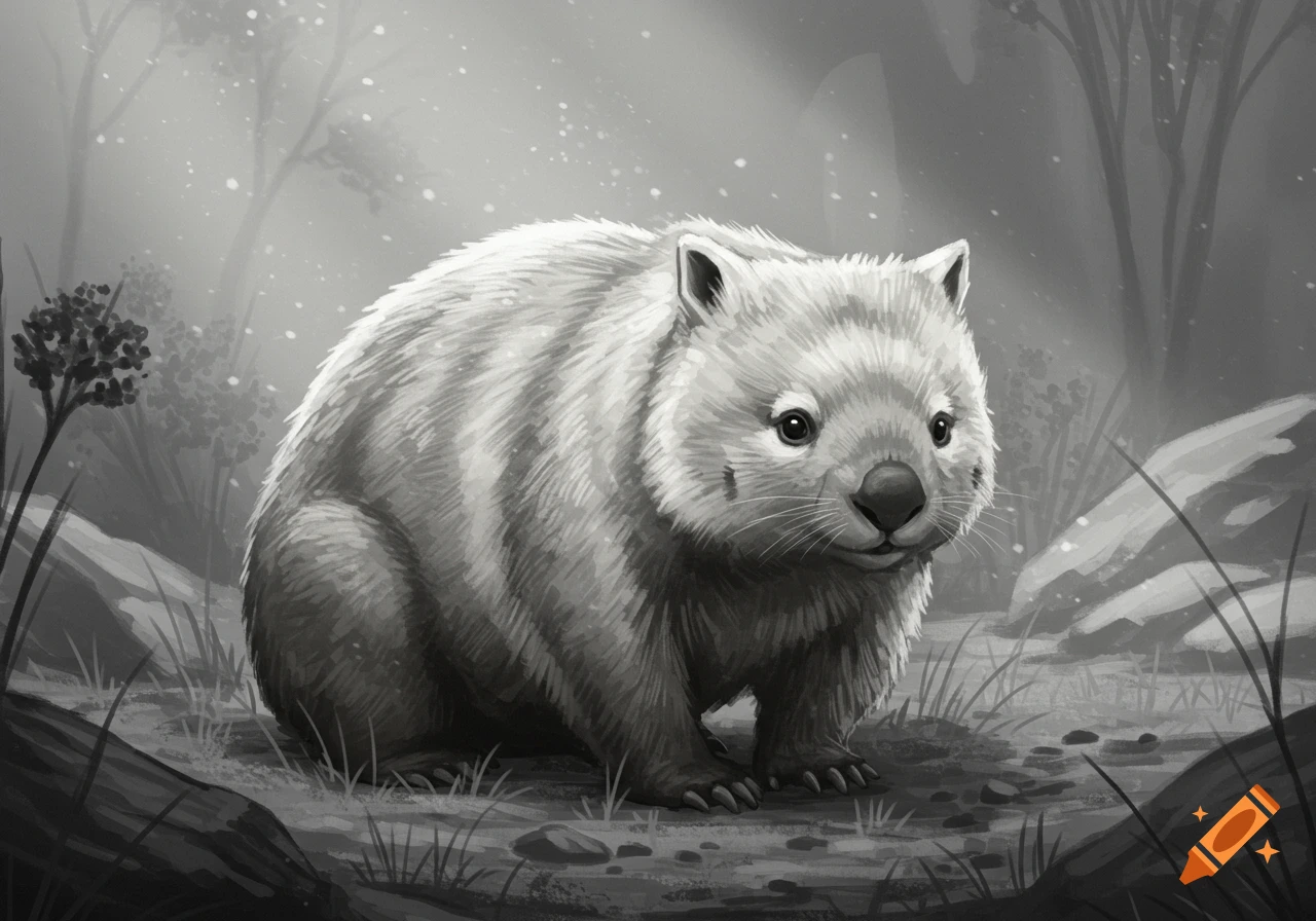 A black and white illustration of a furry wombat sitting in a forest ...