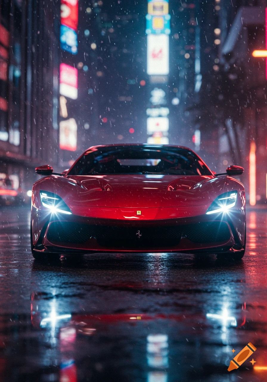 A gleaming red Ferrari sports car is parked on a wet city street at ...