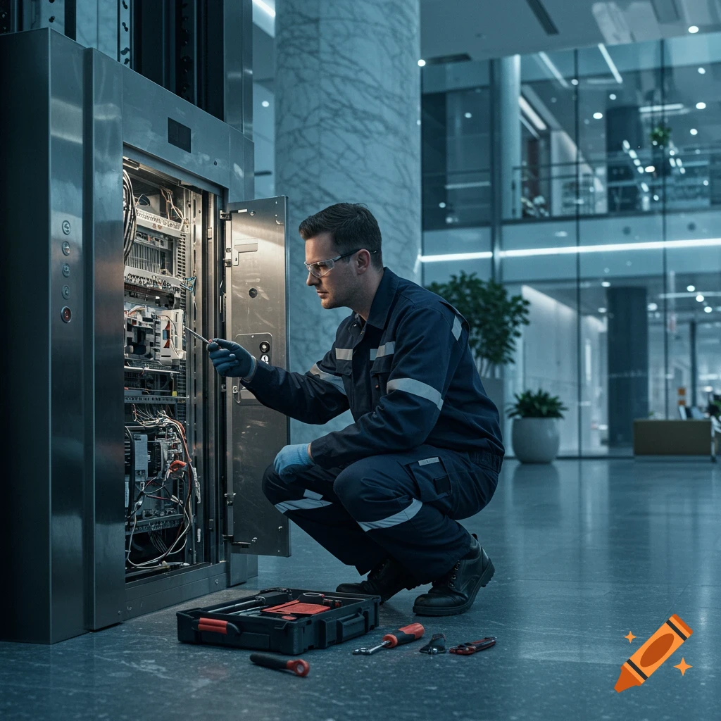 Photorealistic image of a male technician in a dark blue uniform fixing ...
