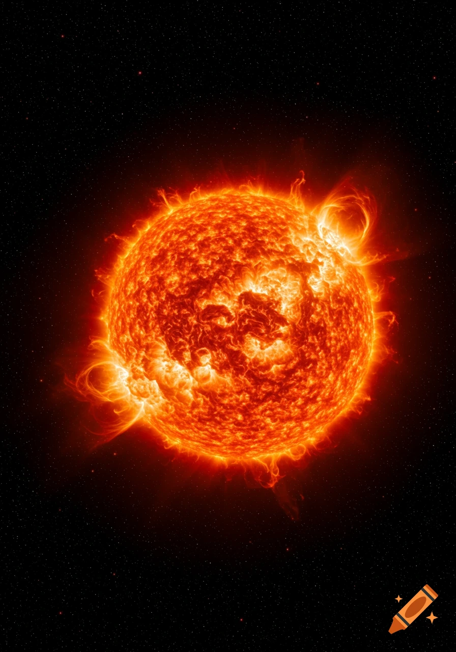 A vibrant, fiery orange sun with bright solar flares and coronal loops ...