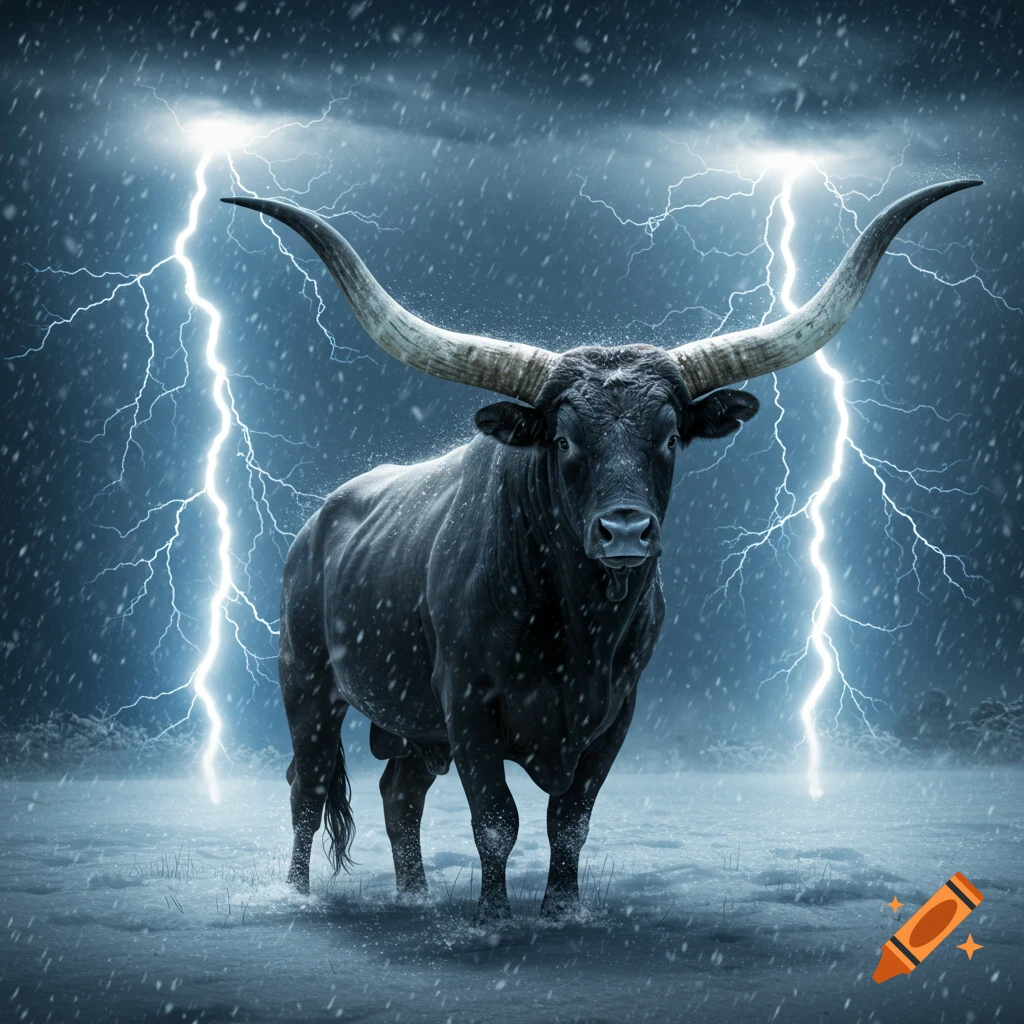 A massive, scarred longhorn bull with one broken horn stands on a dusty ...