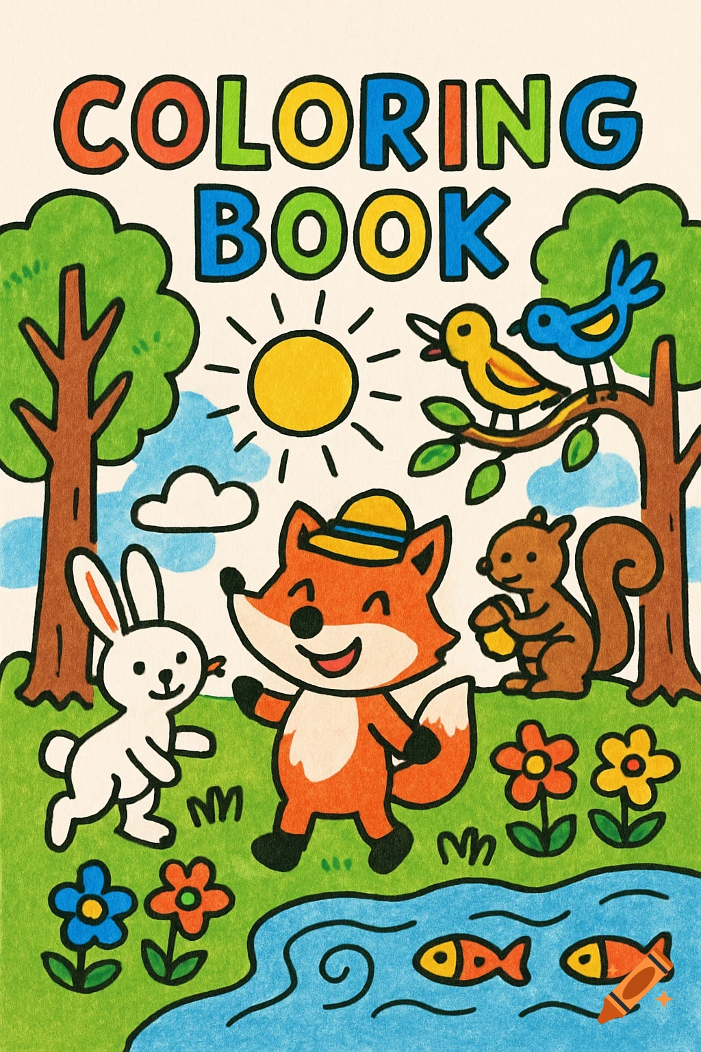 Cartoon coloring book cover with 'COLORING BOOK' text, cheerful ...