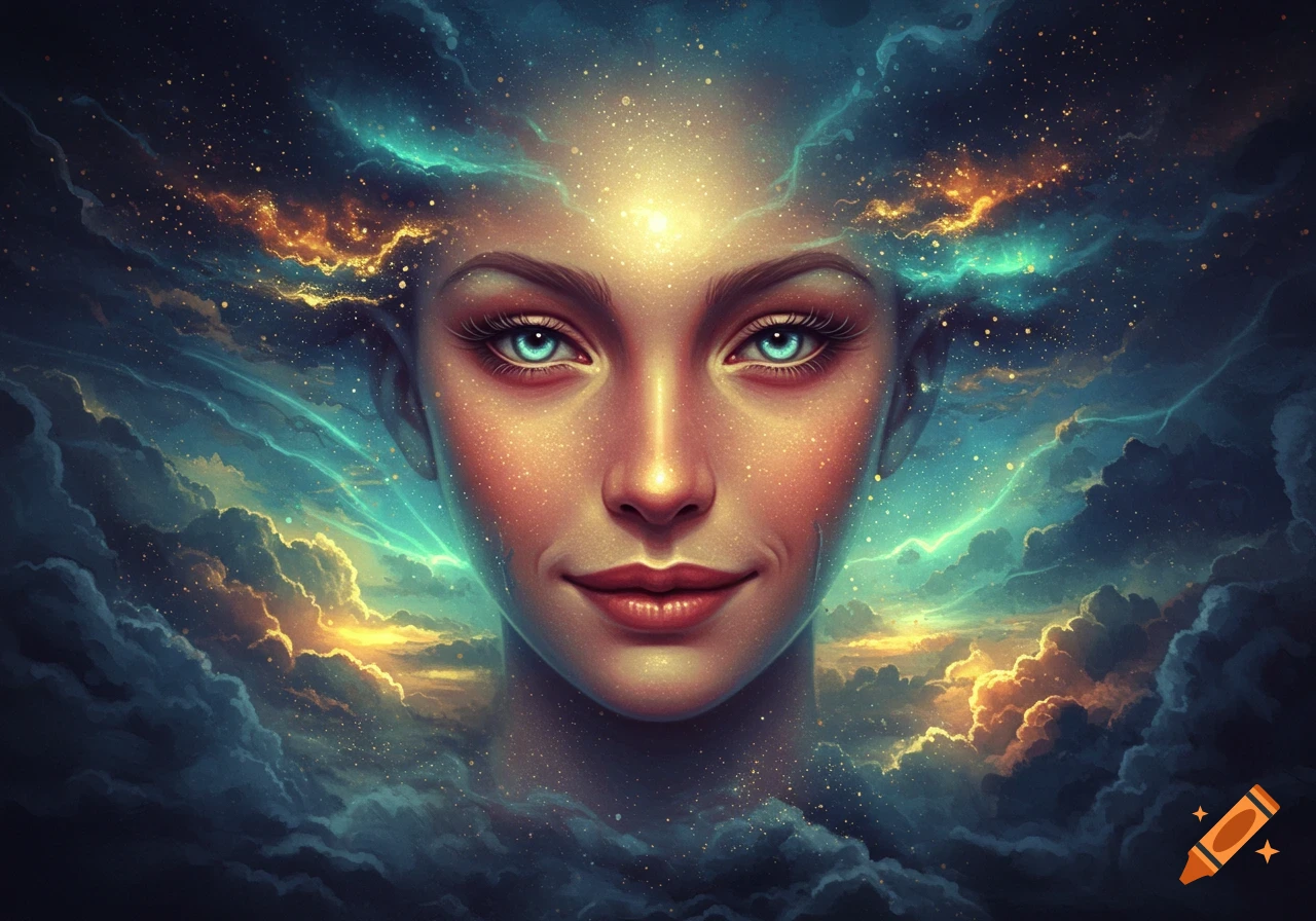 An artistic painting featuring multiple stylized faces merging ...