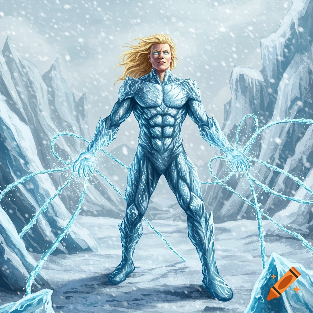 A blonde male superhero in an ice suit generates blue ice tendrils in a ...