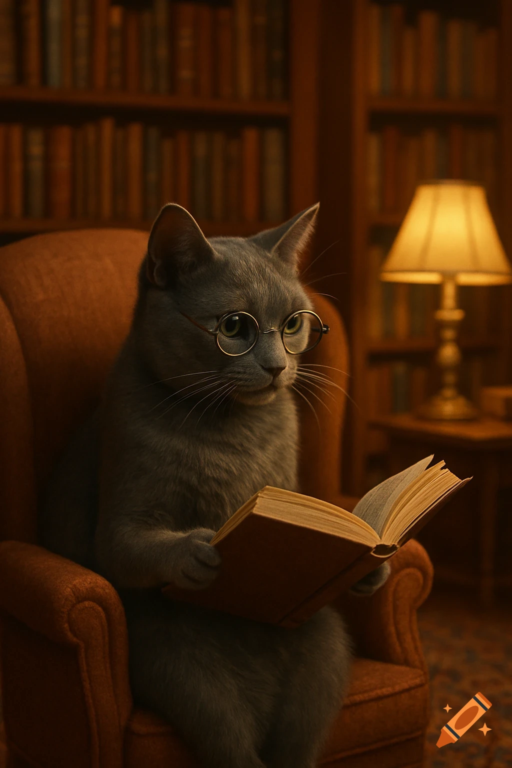 A calico cat sleeps soundly on an open, old book in a warmly lit ...