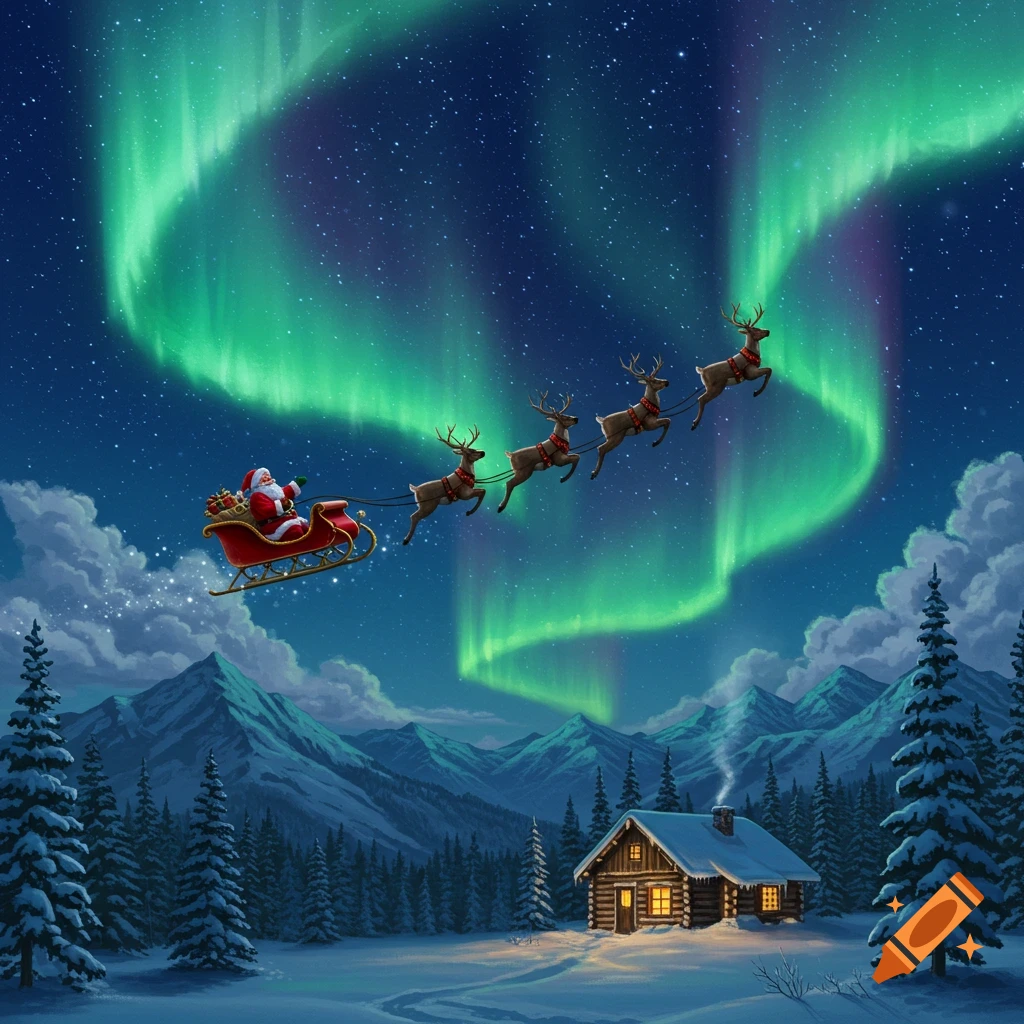 Illustrative scene of Santa's workshop at the North Pole. Elves work on ...