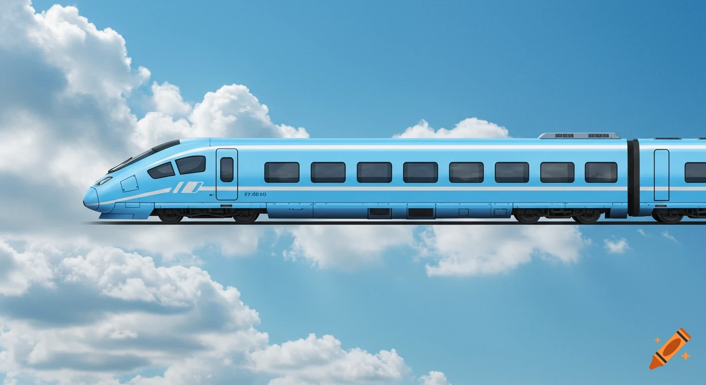 A sky blue high-speed train, with white accents and dark windows, moves ...