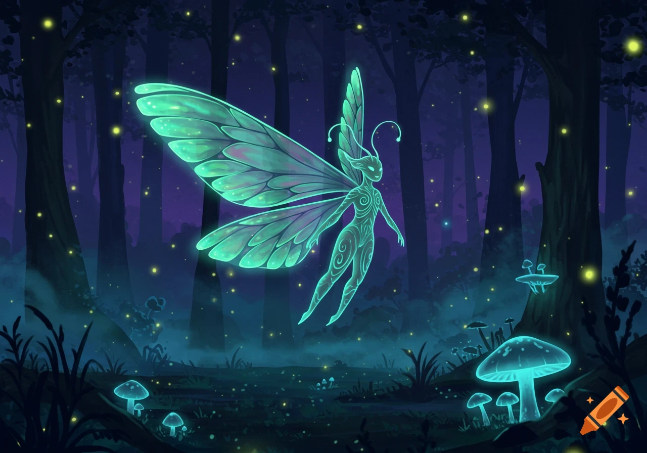 A glowing, ethereal fairy with large wings floats in a dark, magical forest filled with ...