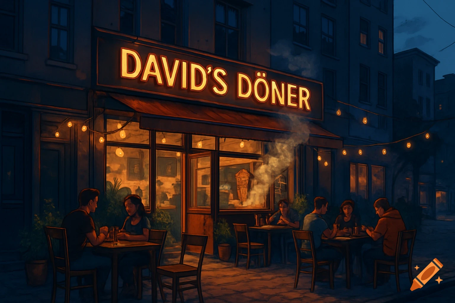 Stylized illustration of Great Bob's barbershop/cafe at sunset, with ...