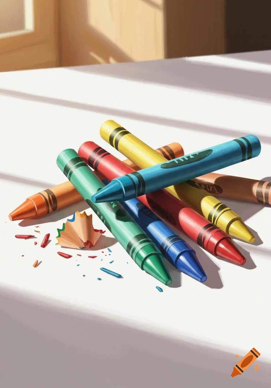 An open, yellow and orange cartoon box filled with colorful crayons on ...