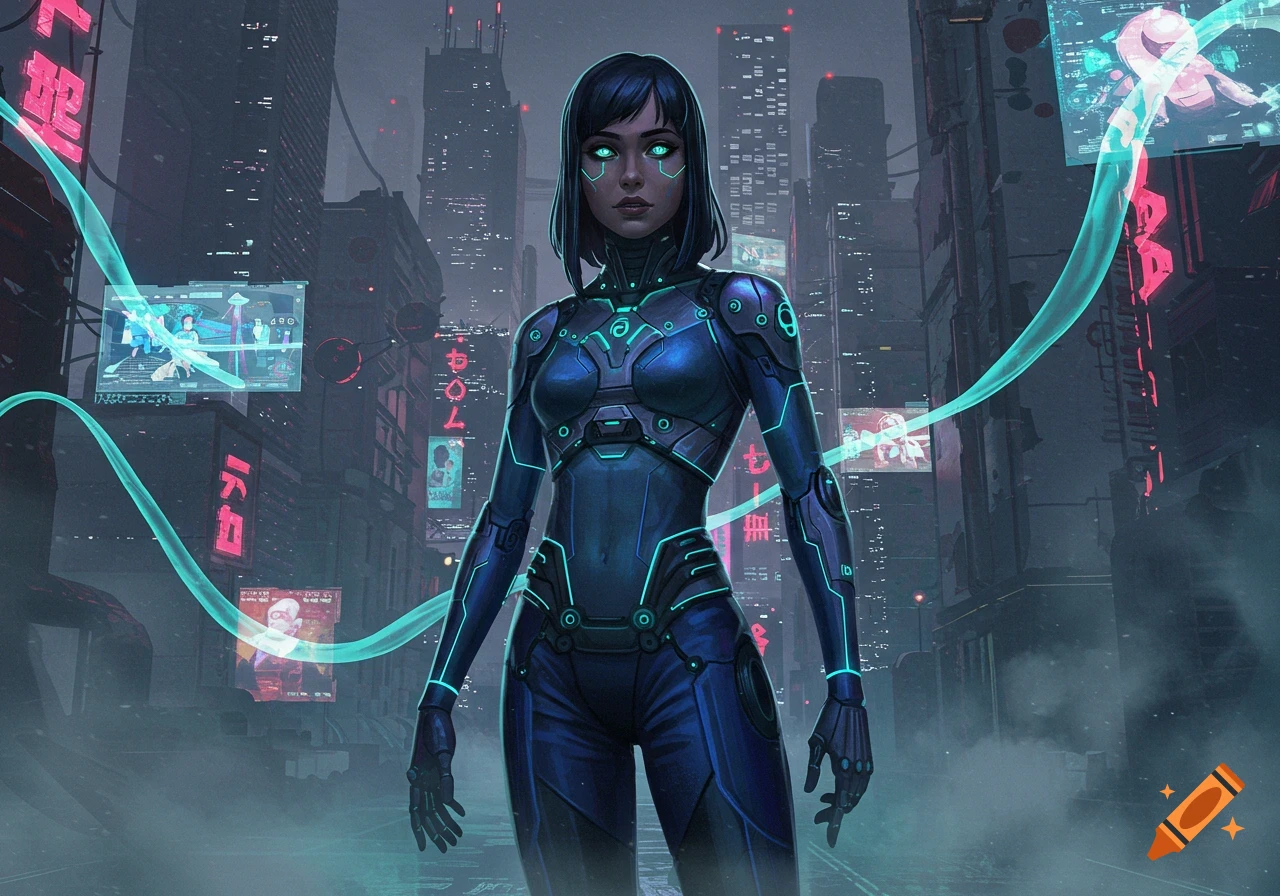 A white-haired woman in a blue futuristic suit and green robotic arm ...