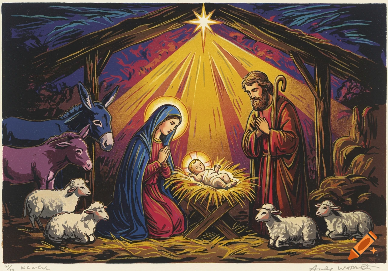 A stylized nativity scene with Mary, Joseph, and baby Jesus in a stable ...