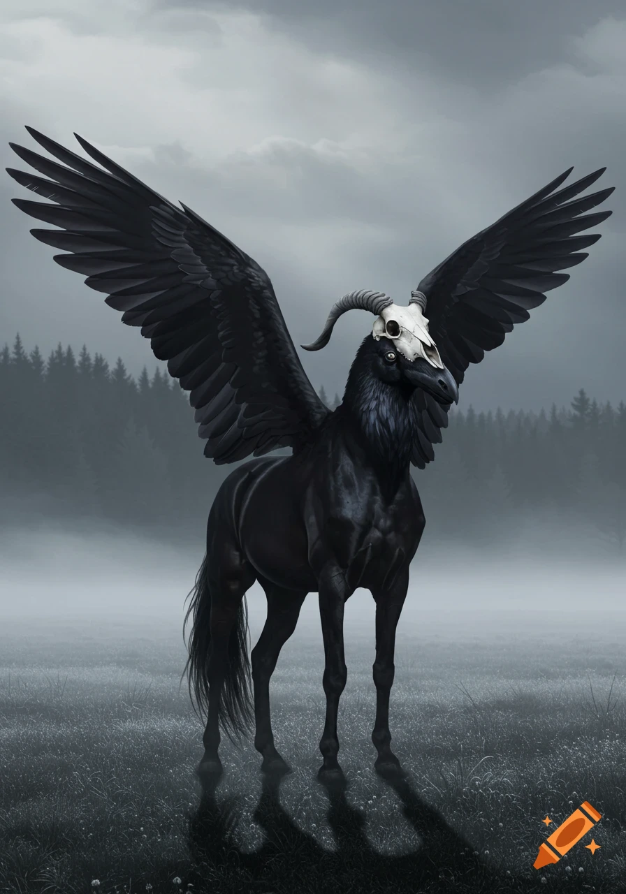 Dark fantasy depiction of a black winged horse-like creature with a ...