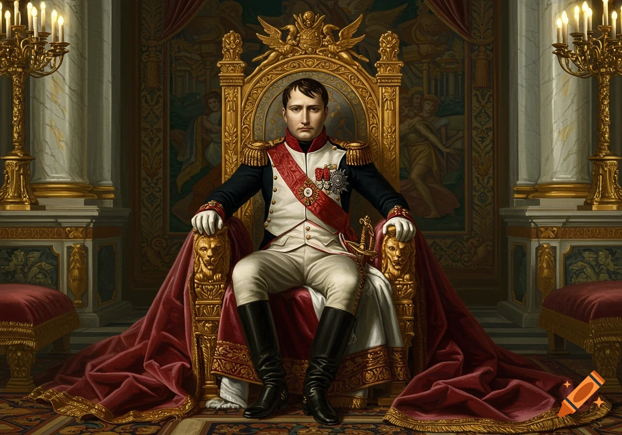 An emperor in a red and white robe and Napoleon in military uniform ...