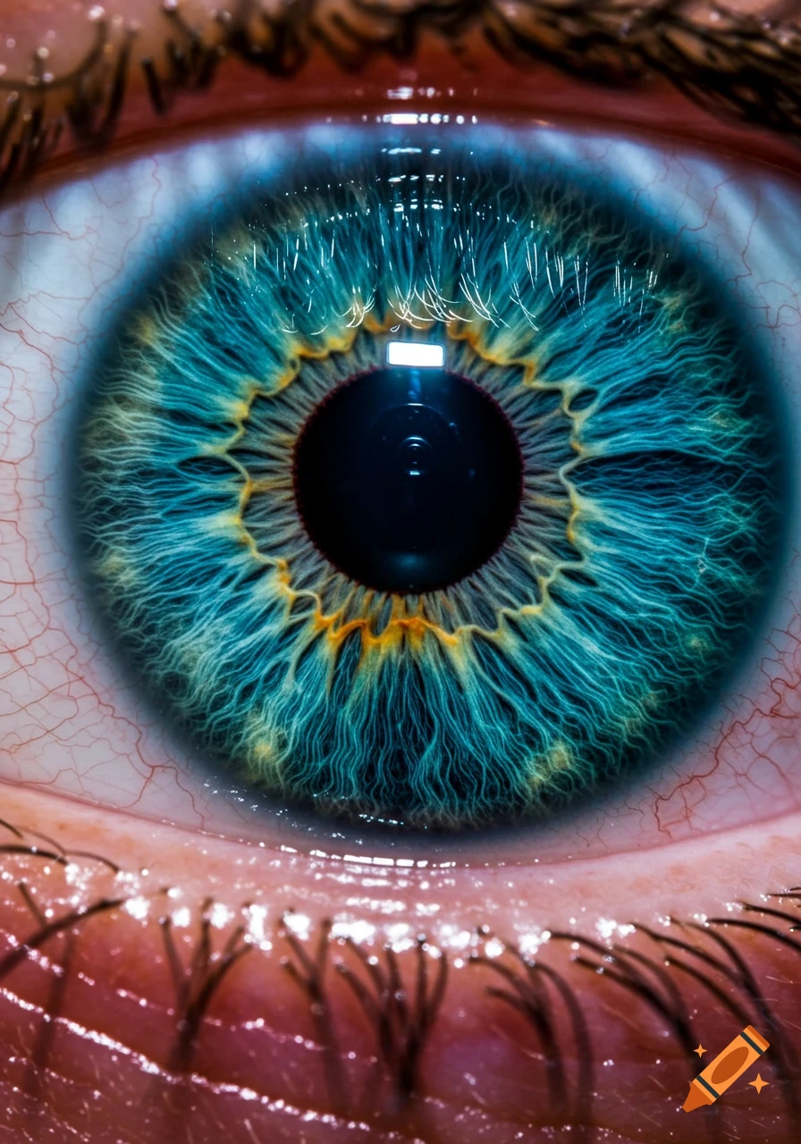 Close-up of a human eye socket with three twisted irises: blue at top ...