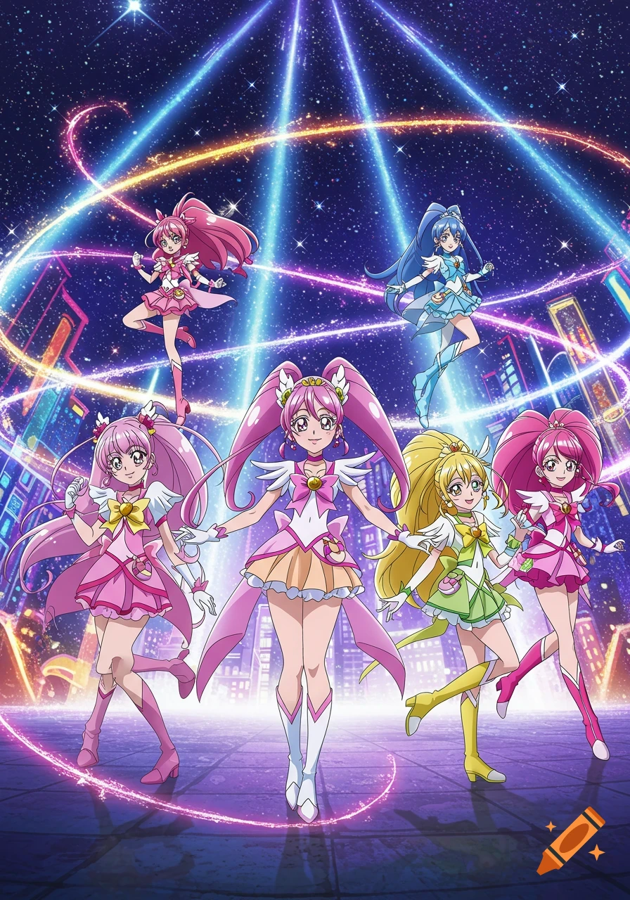 Six anime magical girls with colorful pastel outfits and long hair ...