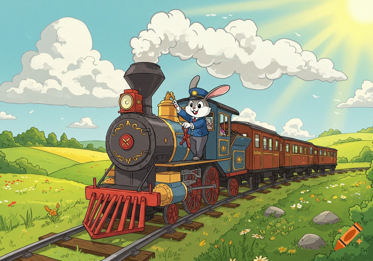 A cheerful cartoon rabbit in a conductor's hat drives a blue and red ...