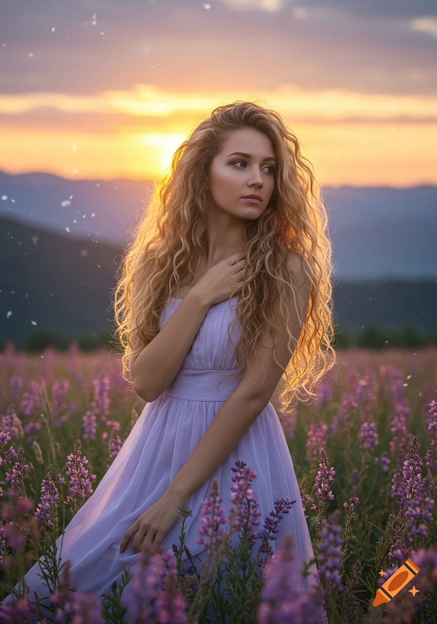 A woman with long red curly hair in a blue satin dress stands under a ...