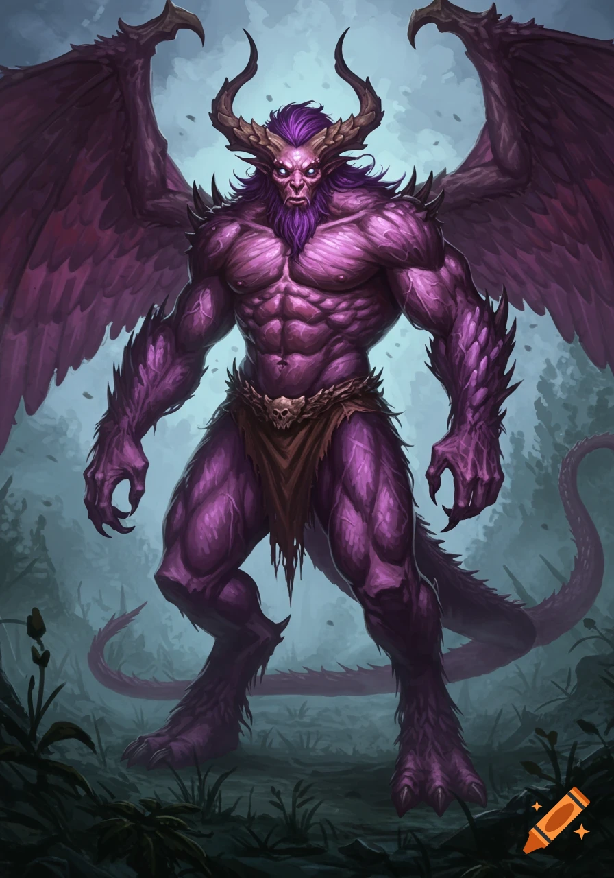 A muscular purple demon monster with horns, large wings, claws, and a ...