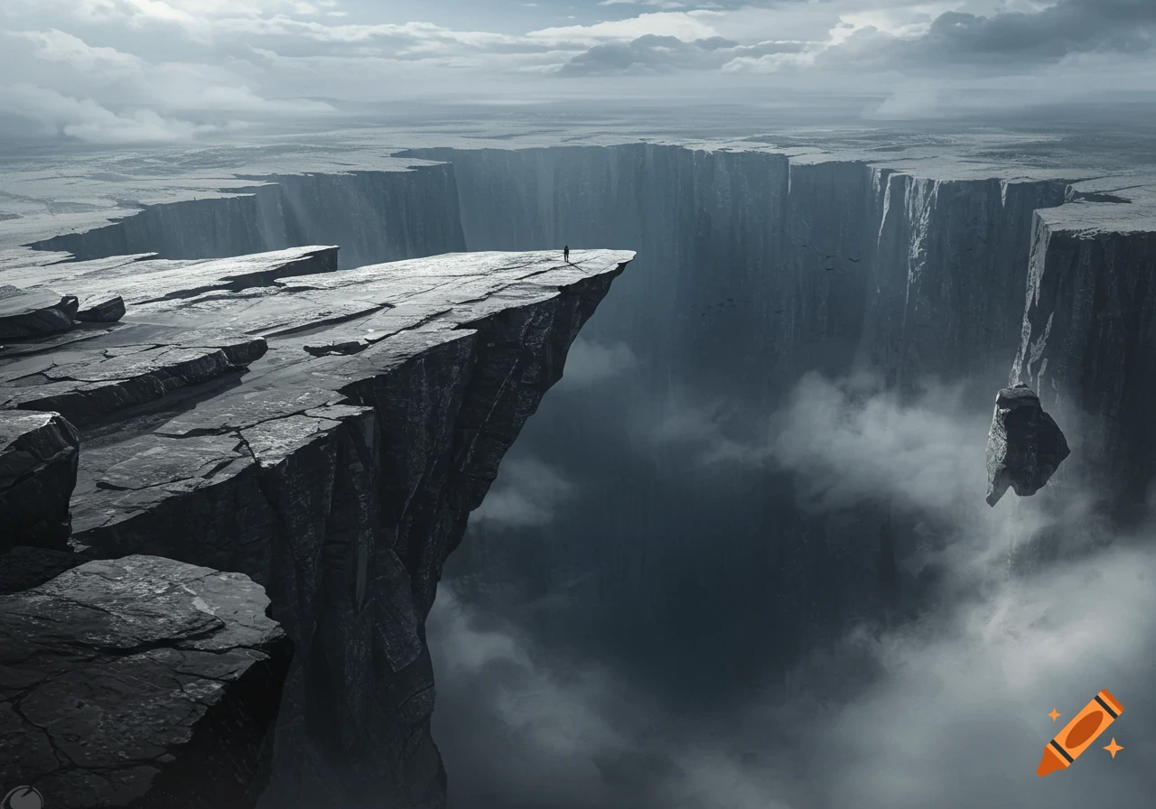 A tiny figure stands on a rugged cliff overlooking a vast, deep chasm ...