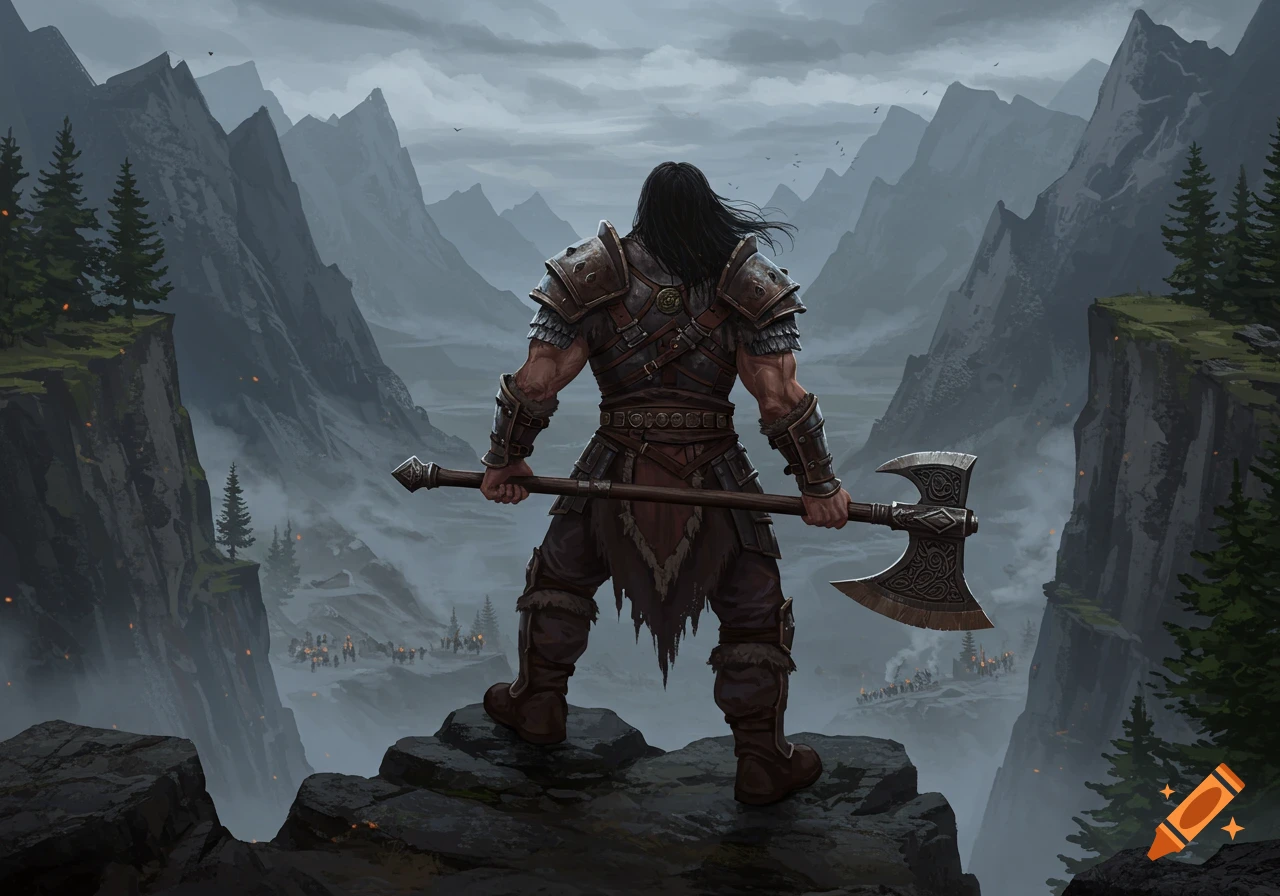 A powerful barbarian warrior, viewed from behind, stands on a cliff ...