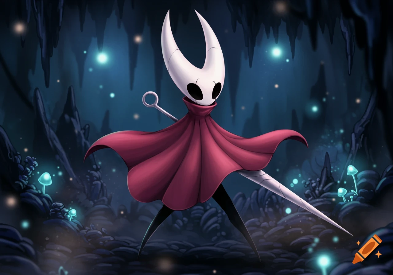 A masked knight with a sword stands amidst glowing mushrooms in a dark ...