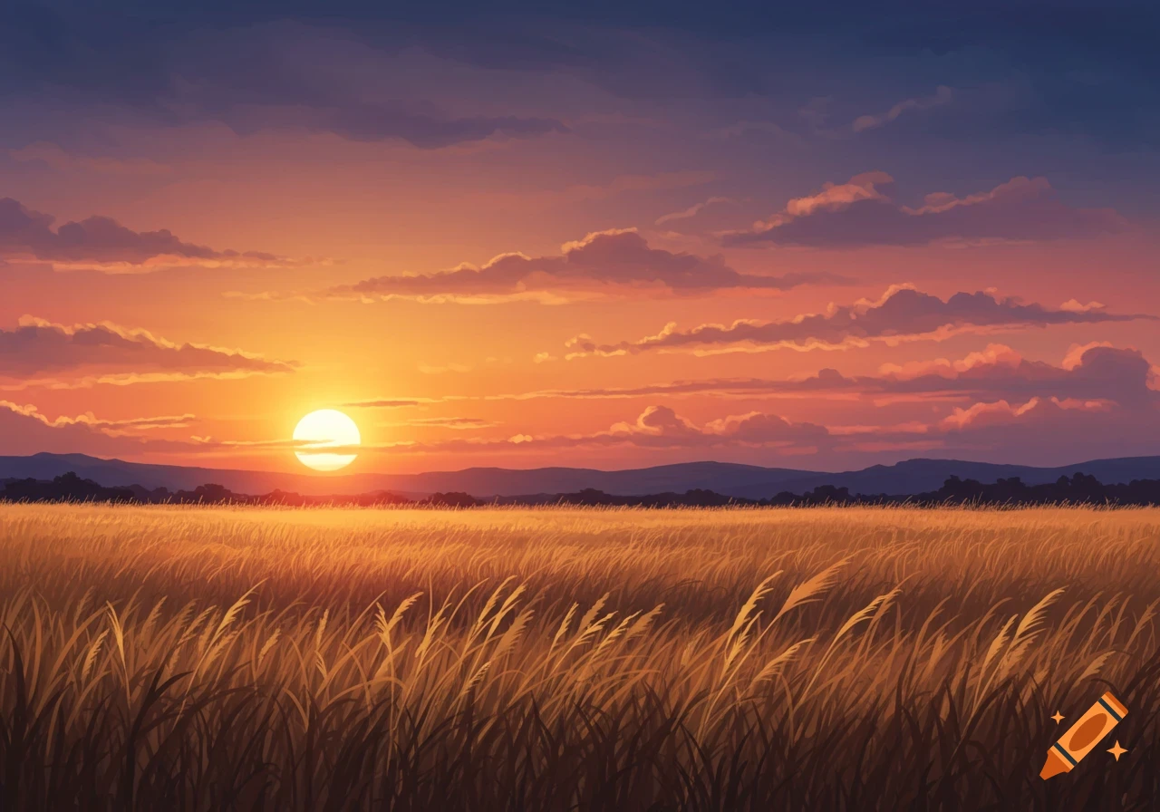 Illustrative sunset over a golden grass field with distant mountains ...