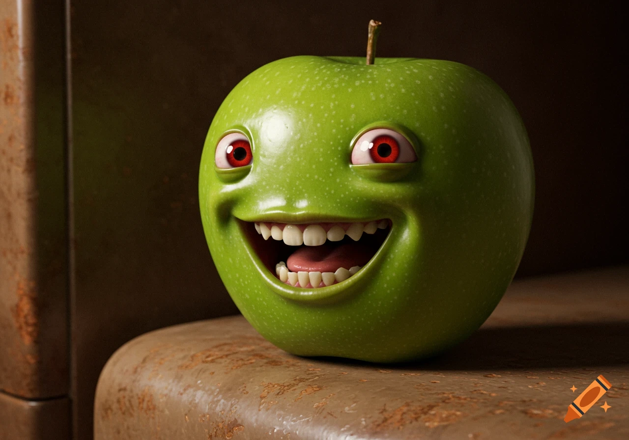A hyper-realistic red apple with large black eyes and small red lips ...