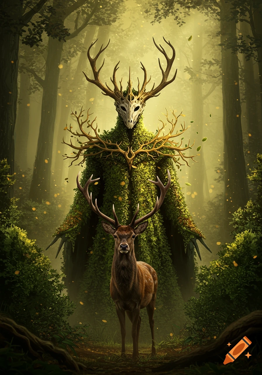 A majestic, dilapidated castle shrouded in mist, with deer drinking ...