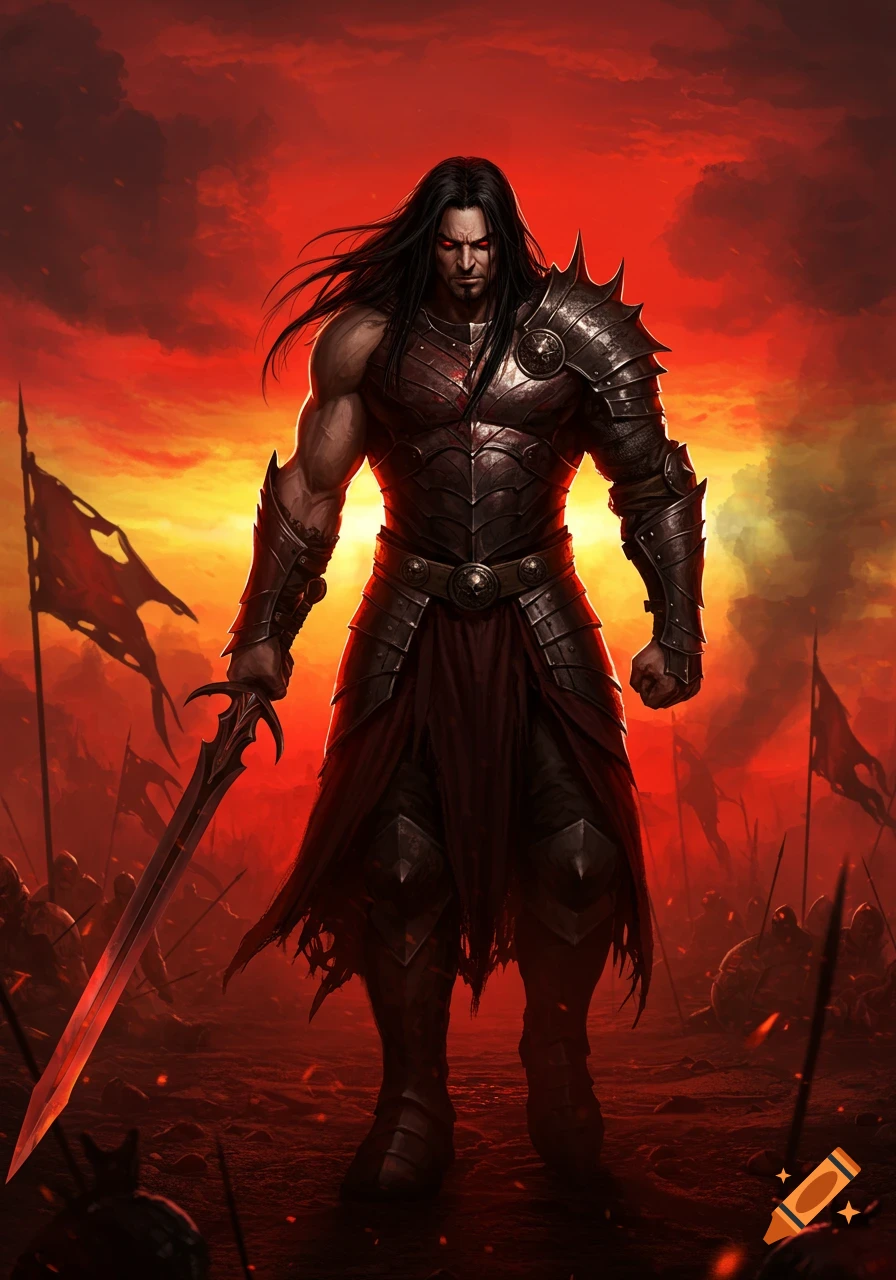 A red-skinned demon in full plate armor with a bloody sword on a dark ...