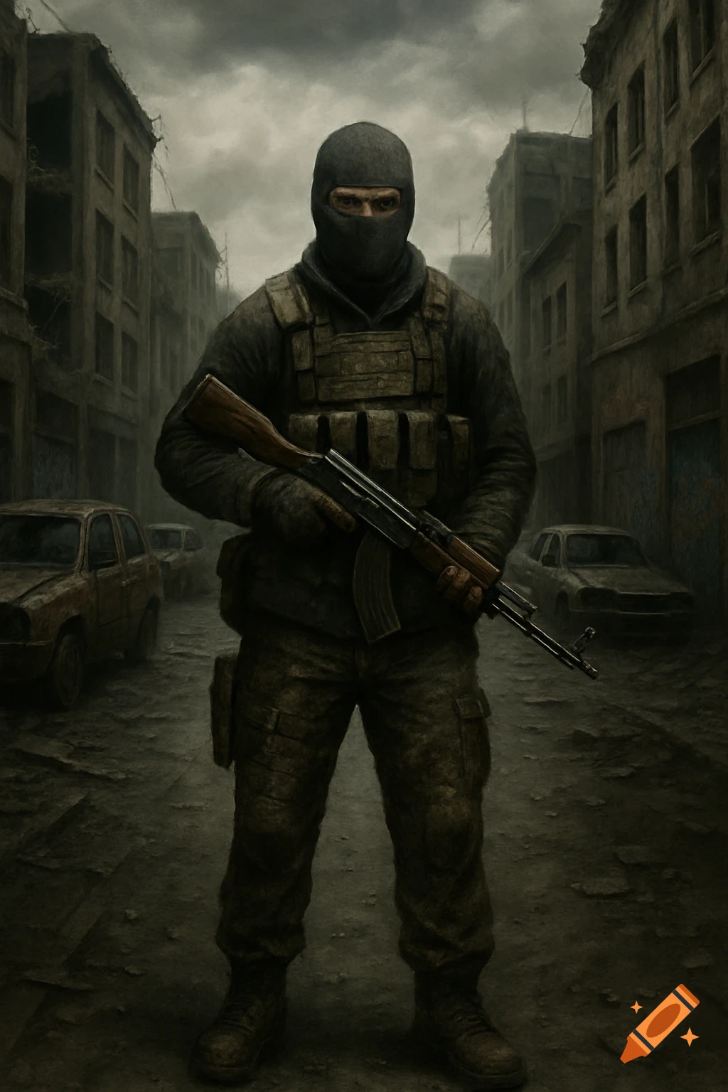 A heavily bearded man in tactical gear holds an M4 rifle in a dark ...