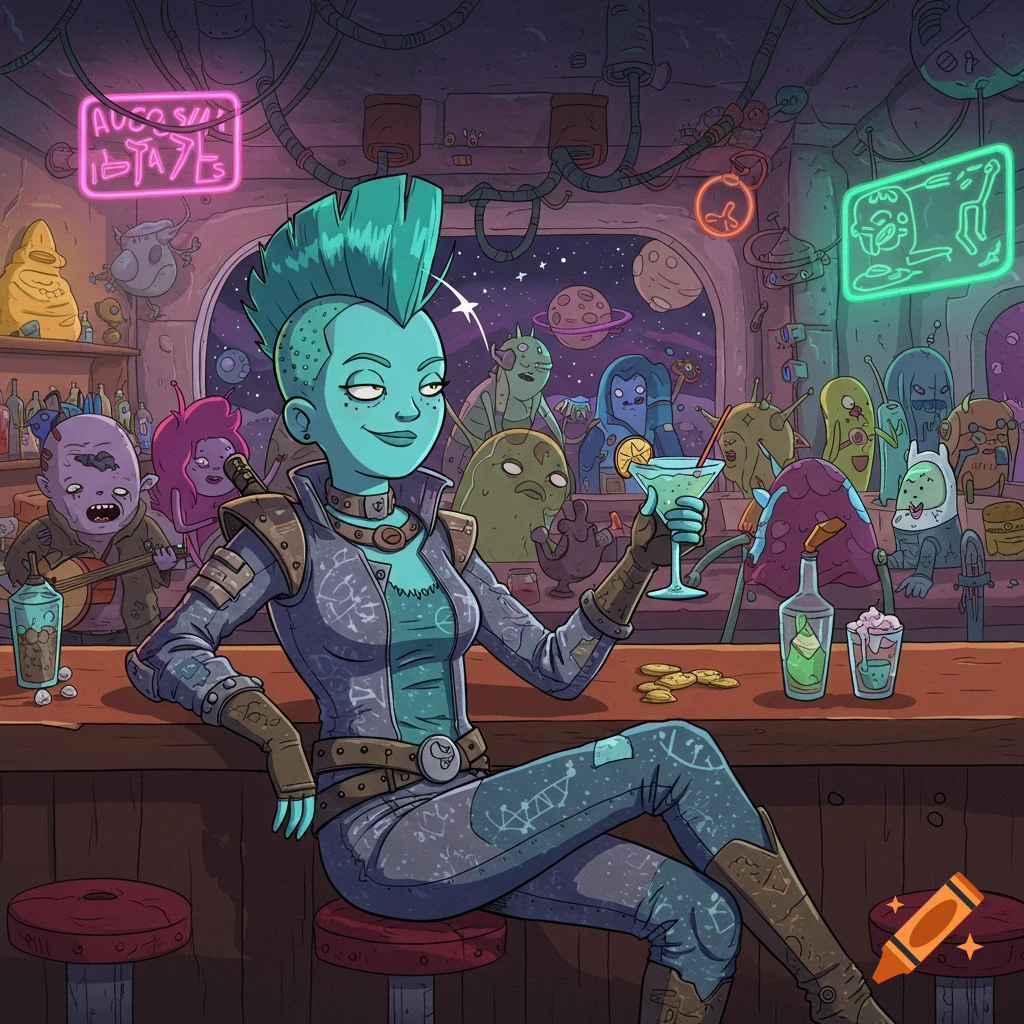 A green-skinned alien woman in a starry jumpsuit and sunglasses sips a ...