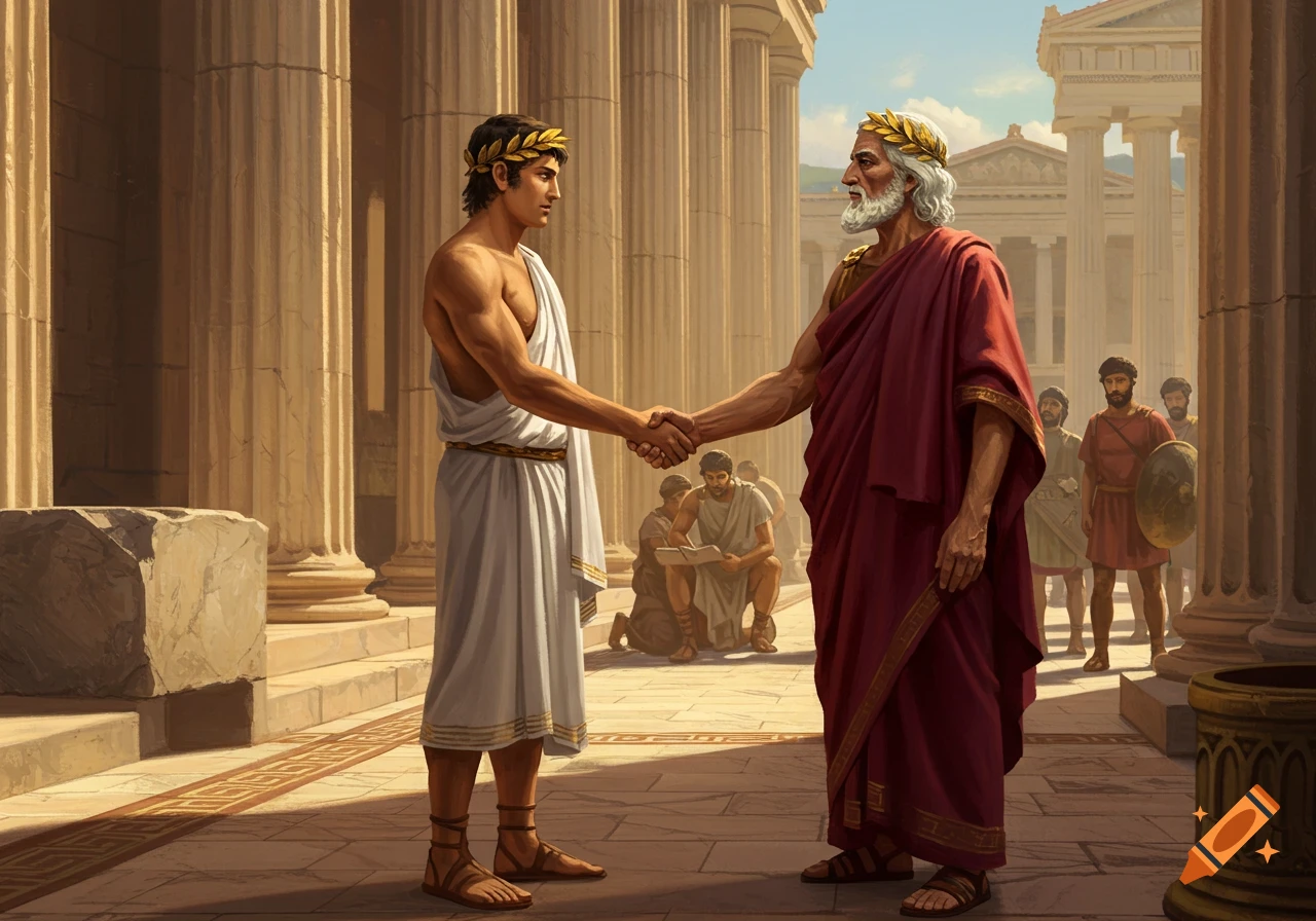 A muscular man wrestles an older philosopher in an ancient Greek temple courtyard, surrounded by ...