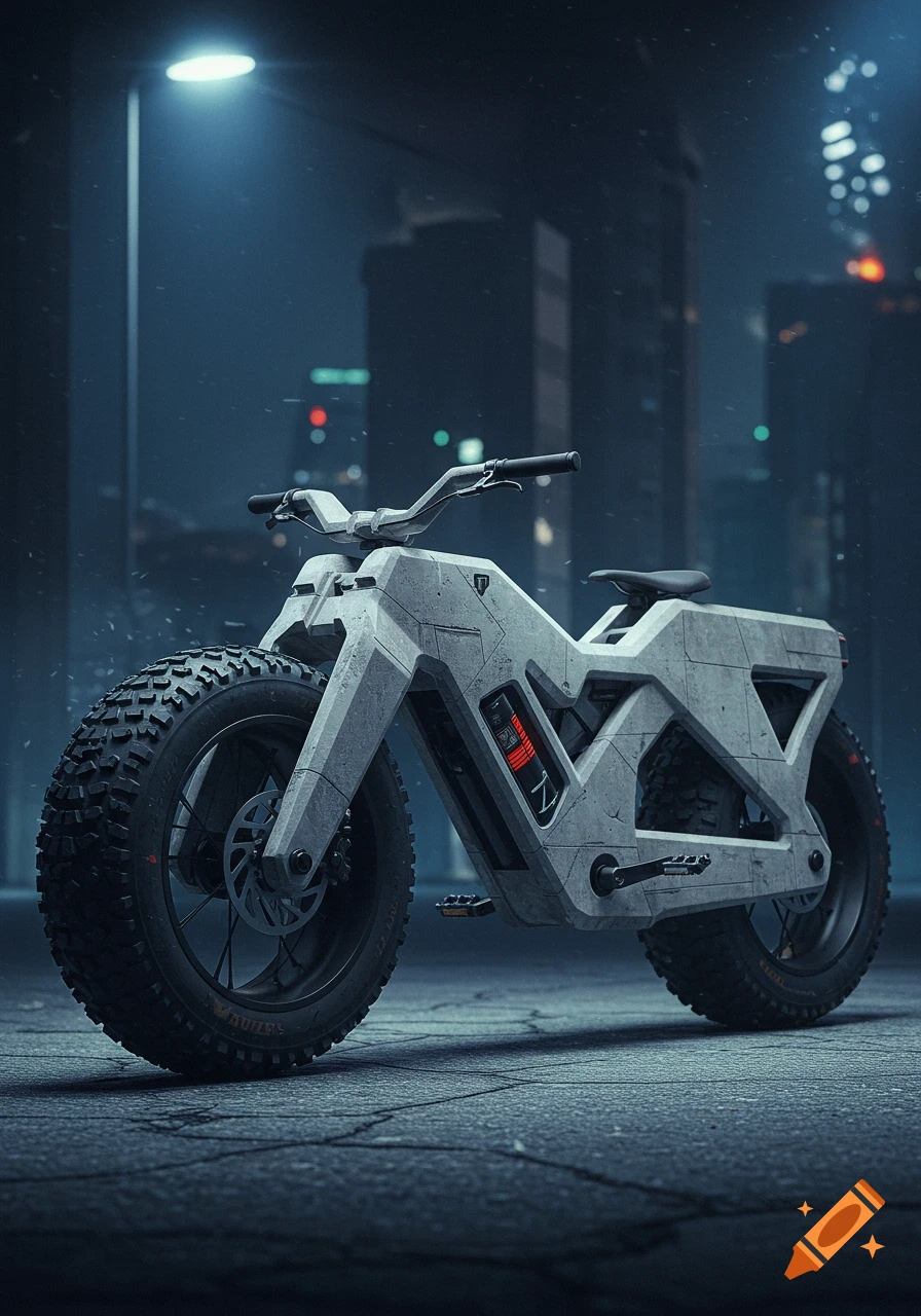 A futuristic brutalist-style motorcycle with thick tires sits on a wet ...