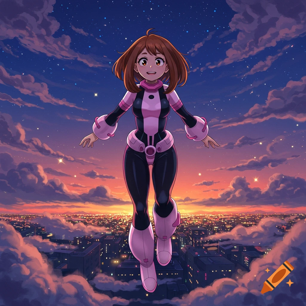 Ochako Uraraka from My Hero Academia floats above a city skyline at ...