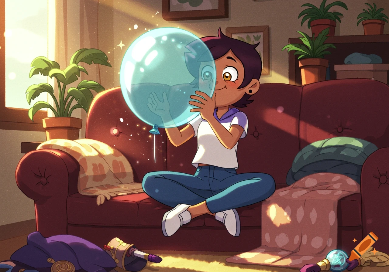 Luz Noceda, a cartoon character, sits on a couch blowing up a ...