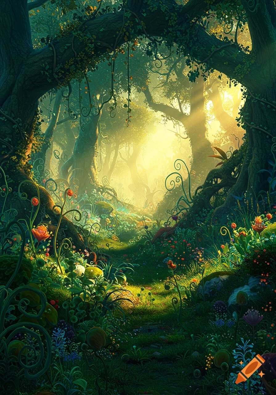 Vibrant, lush enchanted forest with fantastical green vegetation ...