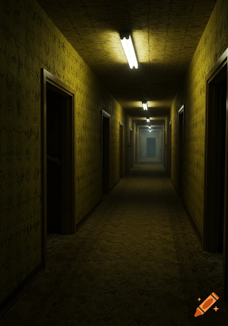A long, foggy hallway with fluorescent lights, a broken chair ...