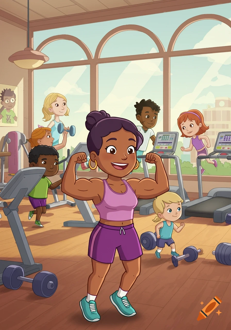 A cartoon of a strong woman flexing her muscles in a sunny playground ...